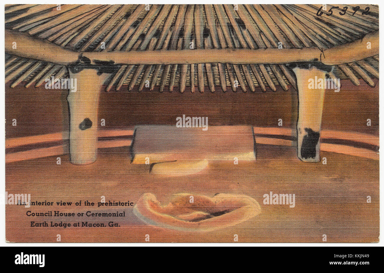 An interior view of the prehistoric council house or ceremonial earth ...