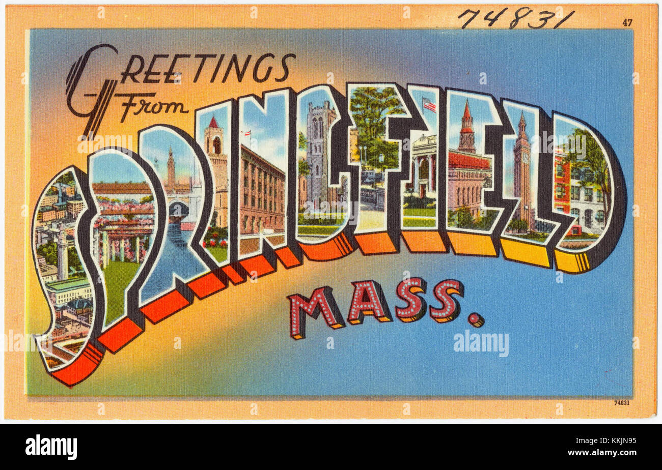 This postcard, titled 'Greetings From Springfield, Mass', features a ...