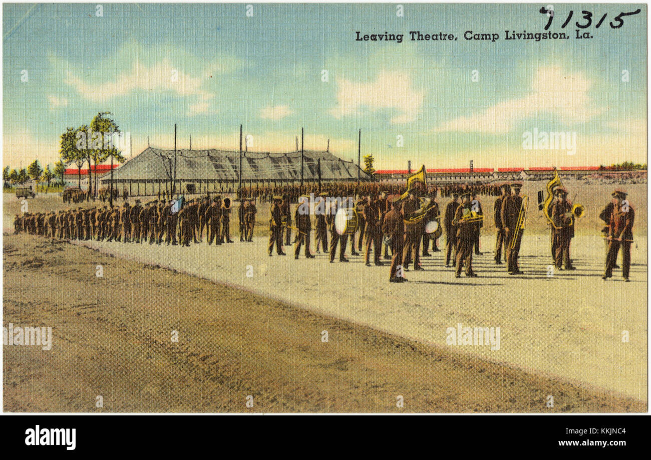 The photograph shows individuals leaving the theater at Camp Livingston ...