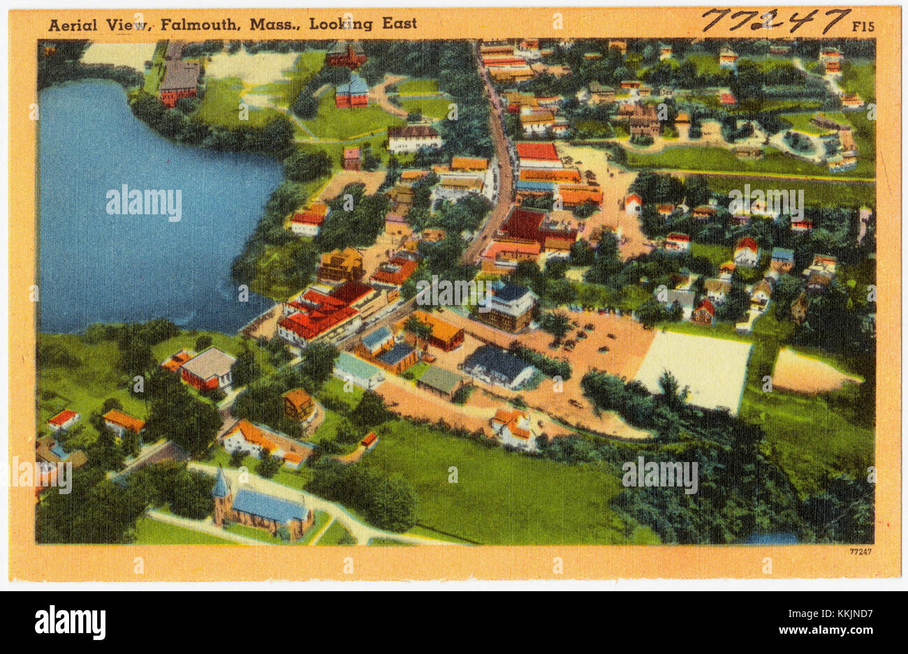This aerial view shows the town of Falmouth, Massachusetts, taken from ...