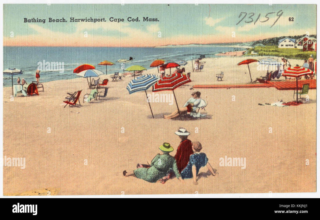 A postcard featuring the bathing beach at Harwichport, Cape Cod ...