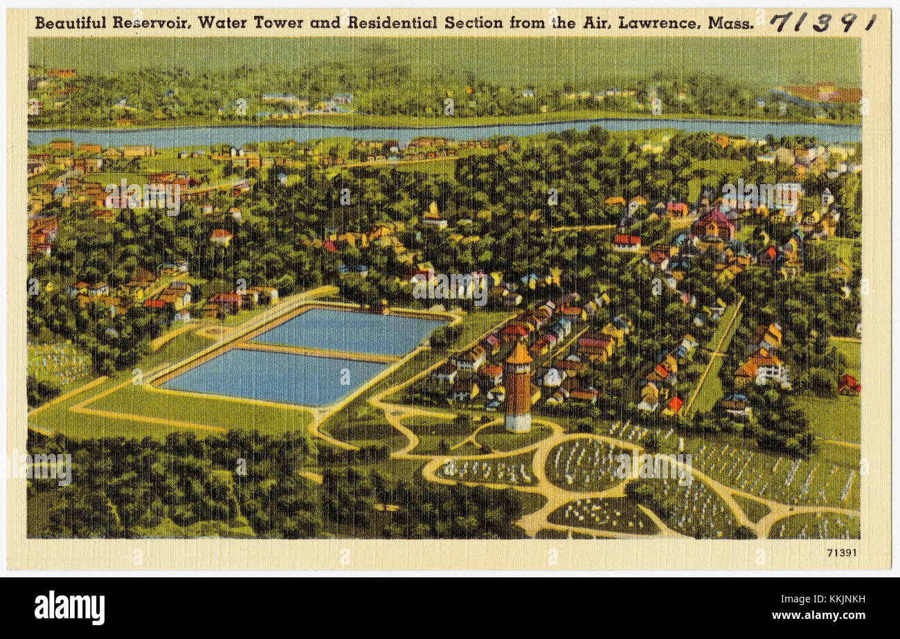 This aerial view of Lawrence, Massachusetts, captures a reservoir ...