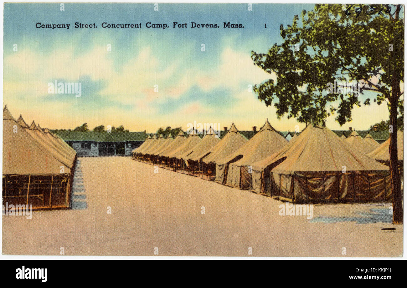 This photograph shows Company Street at Fort Devens, Massachusetts ...