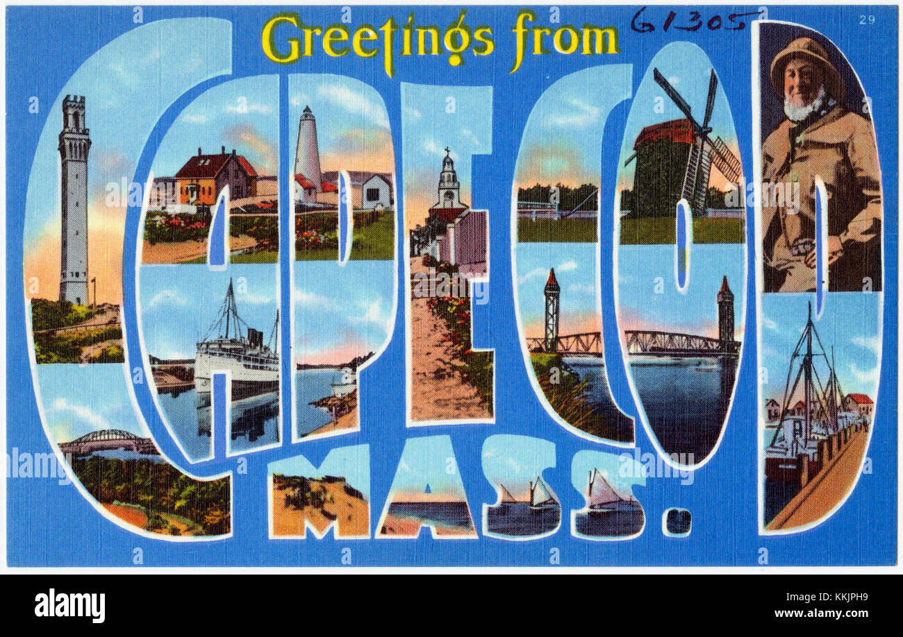 A postcard featuring Cape Cod, Massachusetts, showcases its coastal ...