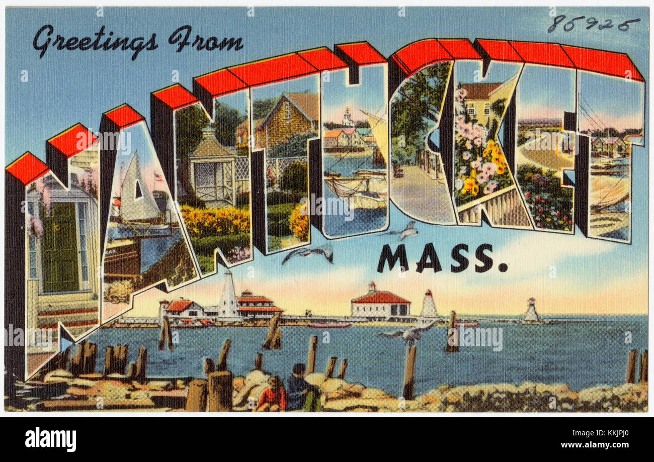 'Greetings From Nantucket, Mass' is a postcard depicting a scenic view ...
