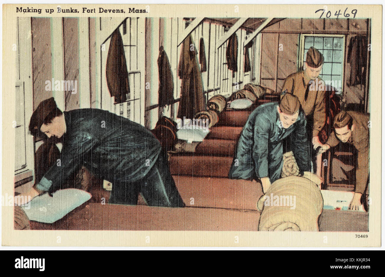 This image depicts the process of preparing bunks at Fort Devens ...