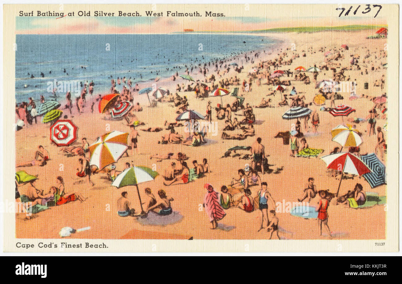 A scene at Old Silver Beach in West Falmouth, Massachusetts, depicting ...