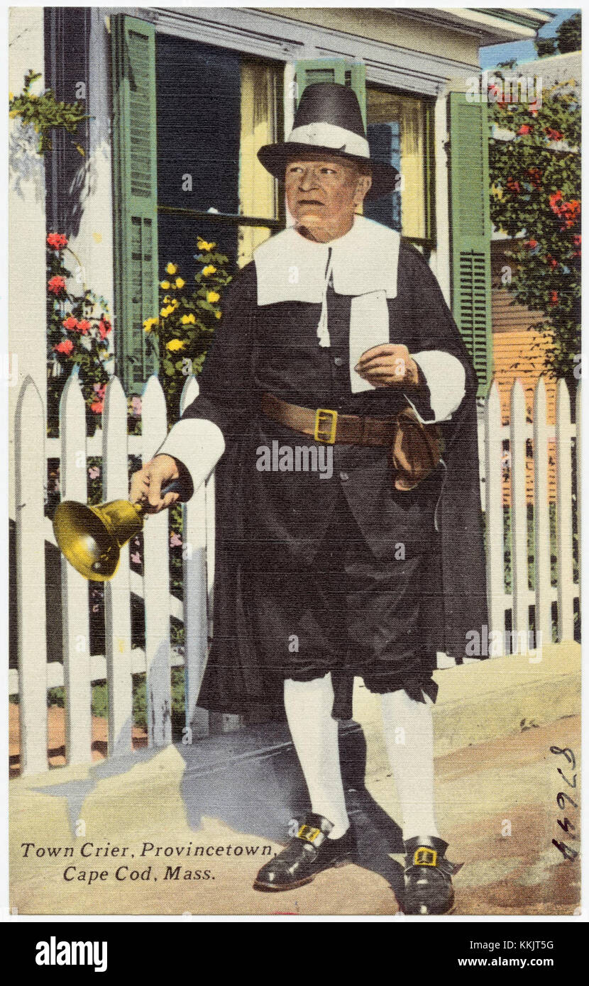 A town crier in Provincetown, Cape Cod, Massachusetts, is captured in ...