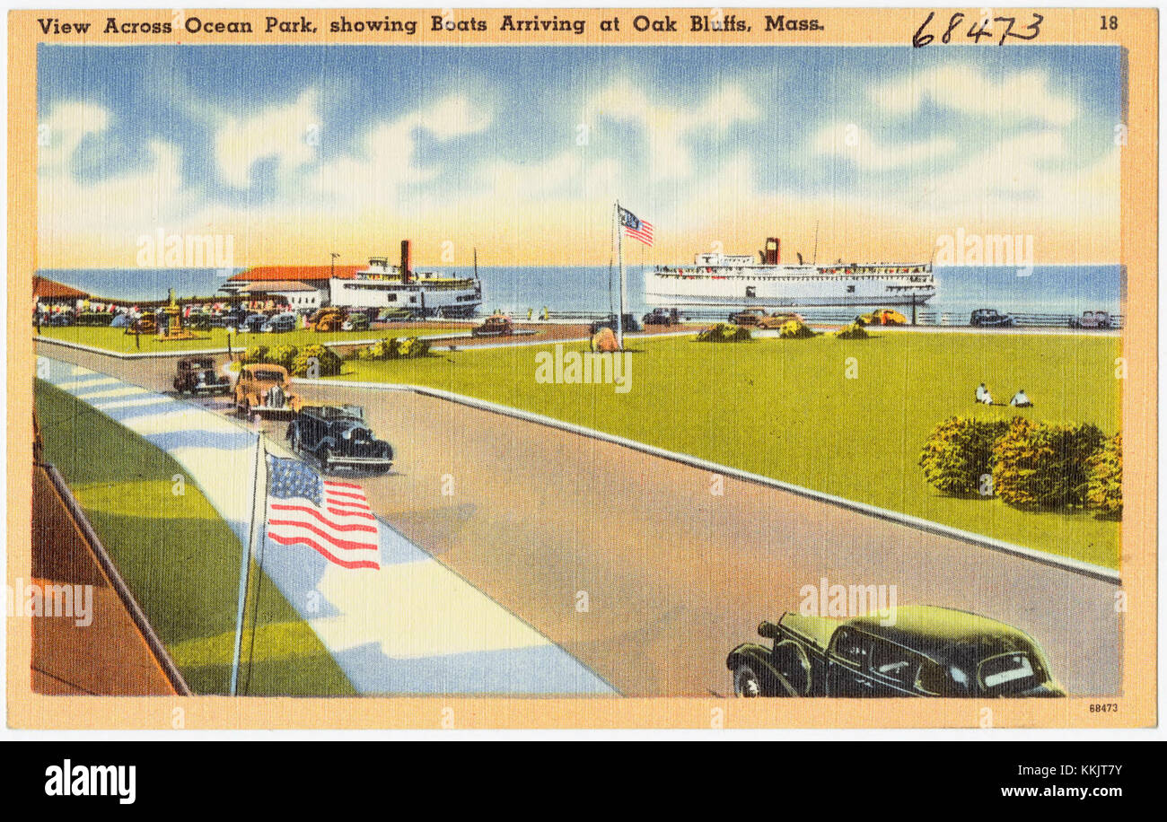 View across Ocean Park, showing boats arriving at Oak Bluffs, Mass ...