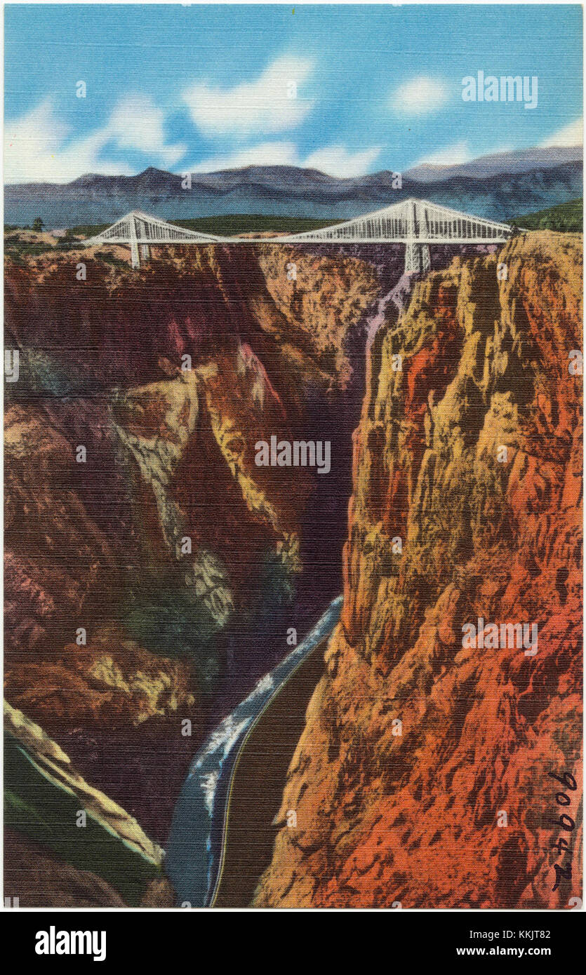 The image depicts the Royal Gorge Bridge, the highest suspension bridge ...
