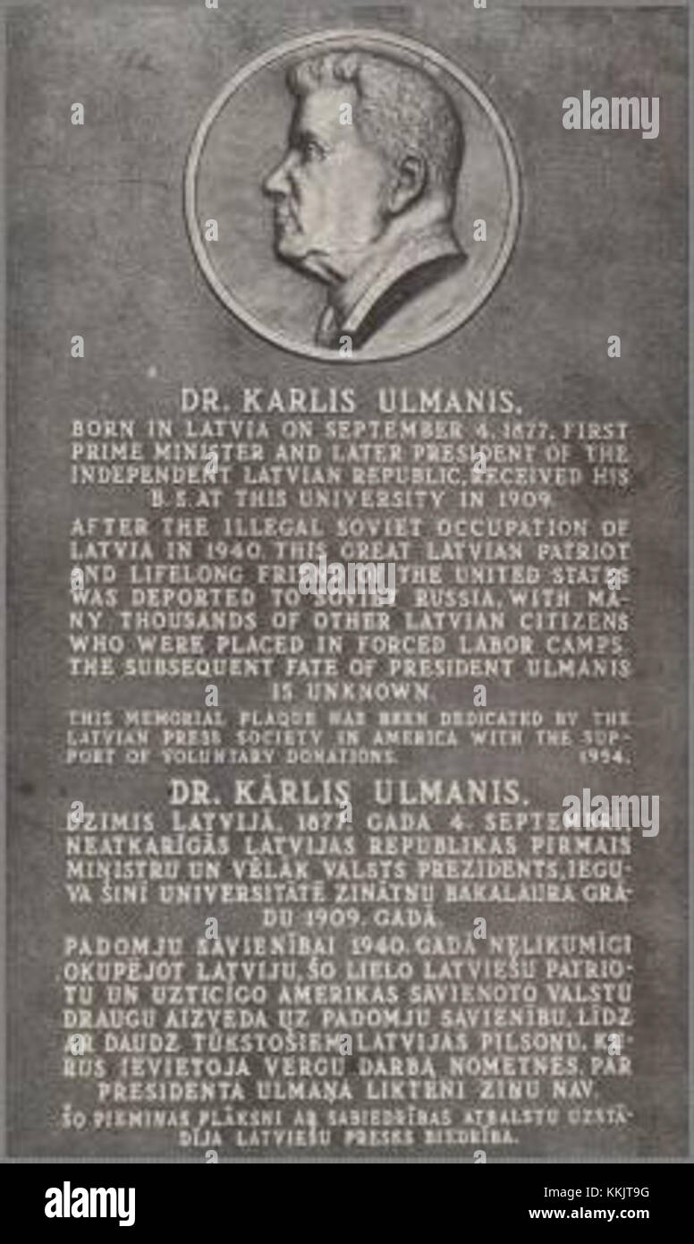 A memorial plaque dedicated to Kārlis Ulmanis, the first President of ...