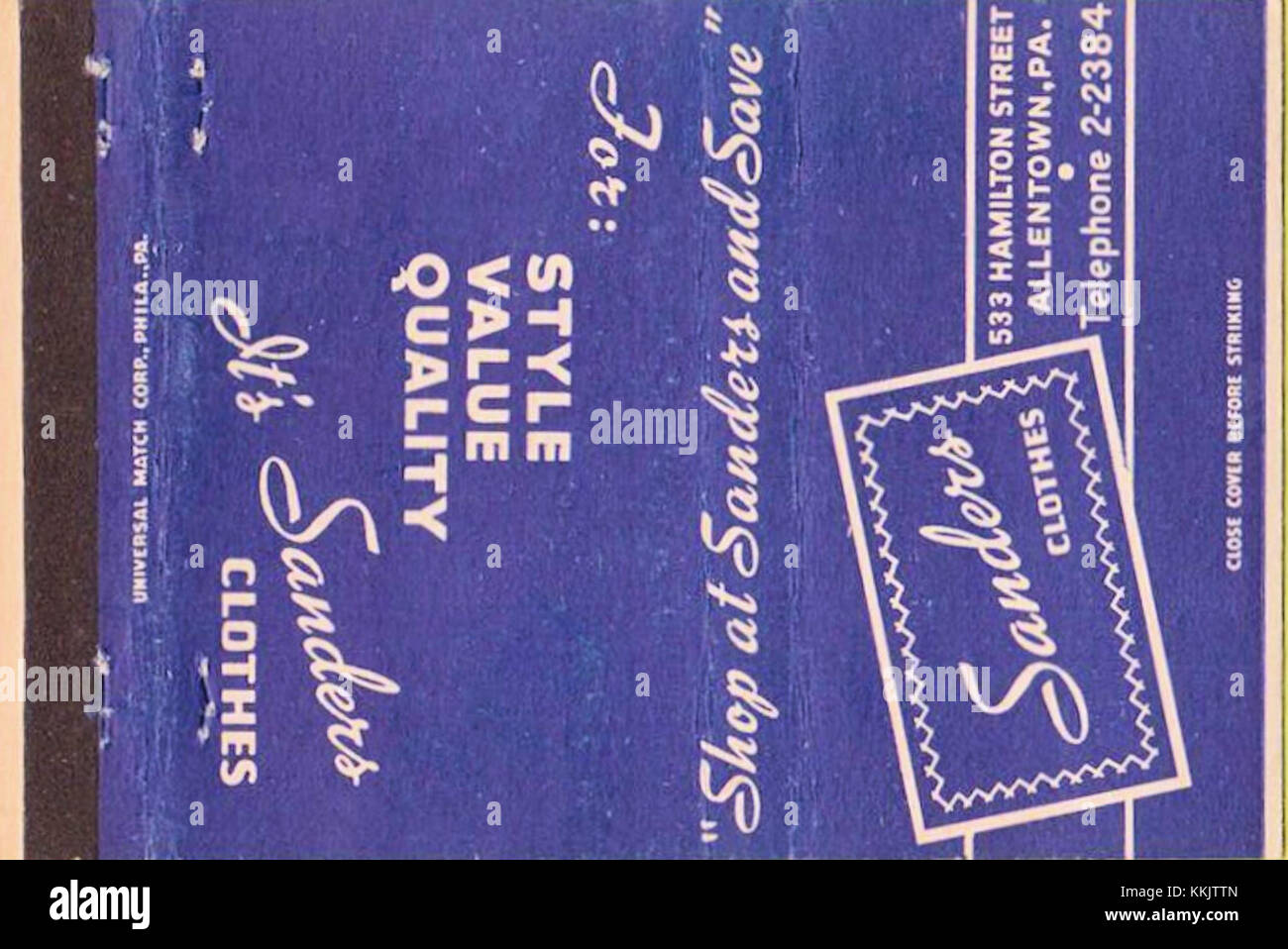 This matchbook cover from 1950 advertises Sanders Clothes, a retail ...