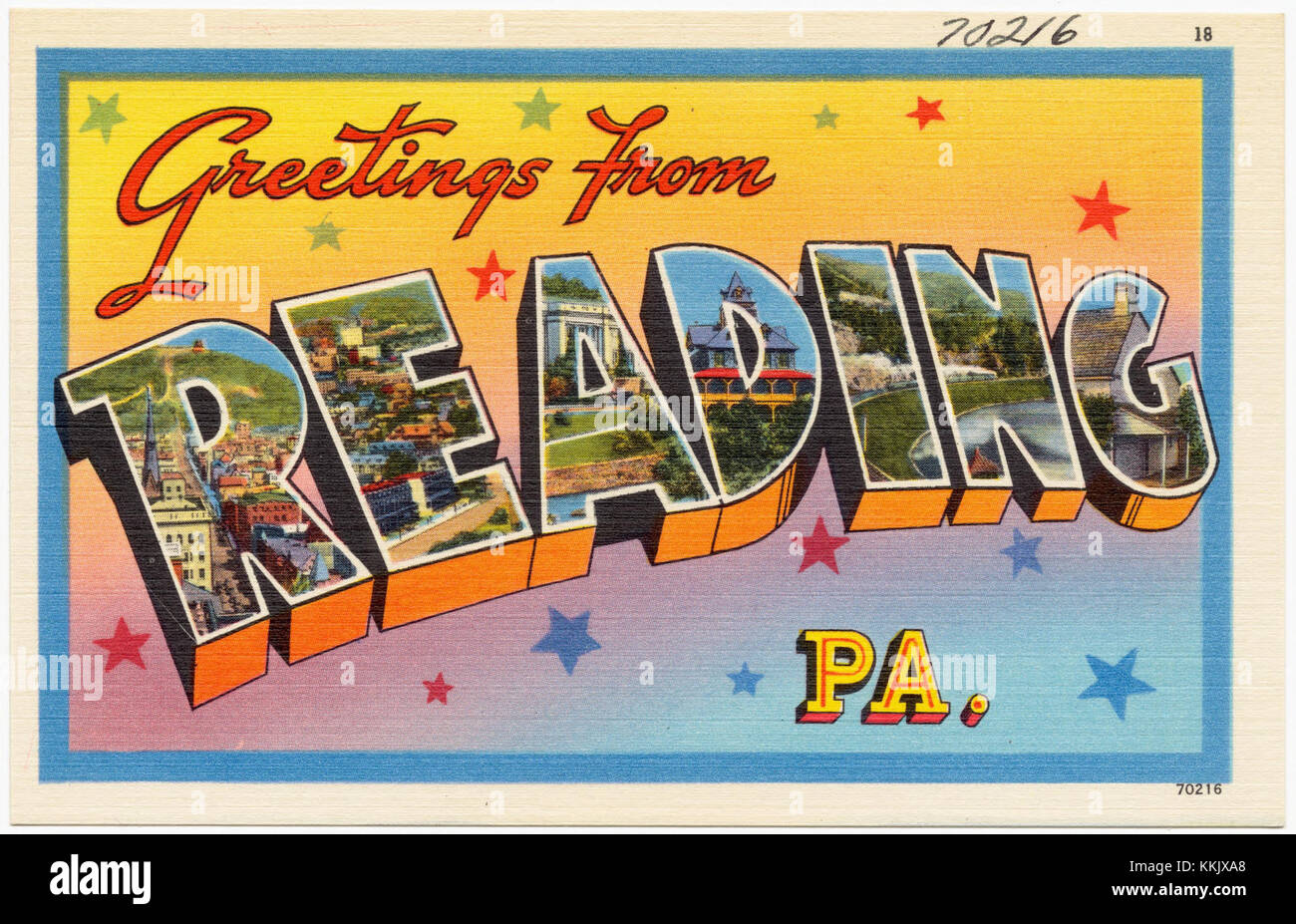 This postcard, titled 'Greetings from Reading, PA,' features a scenic ...