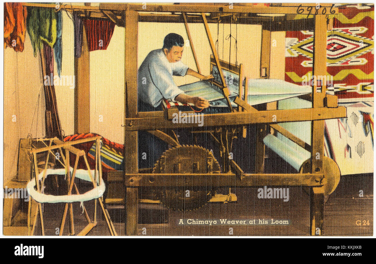 A Chimayo weaver is shown at his loom, engaged in the intricate art of ...