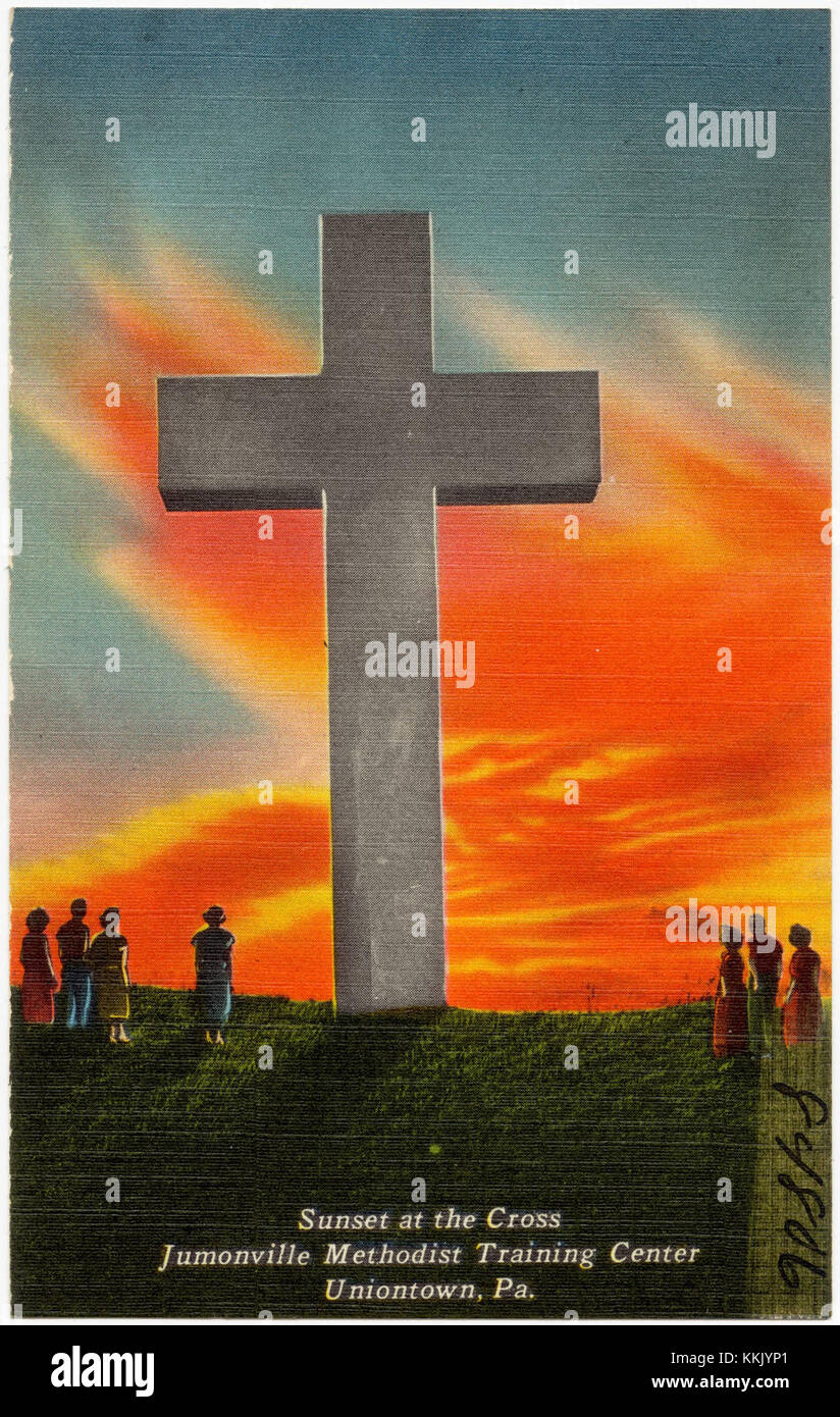 The image shows a sunset over the cross at the Jumonville Methodist ...