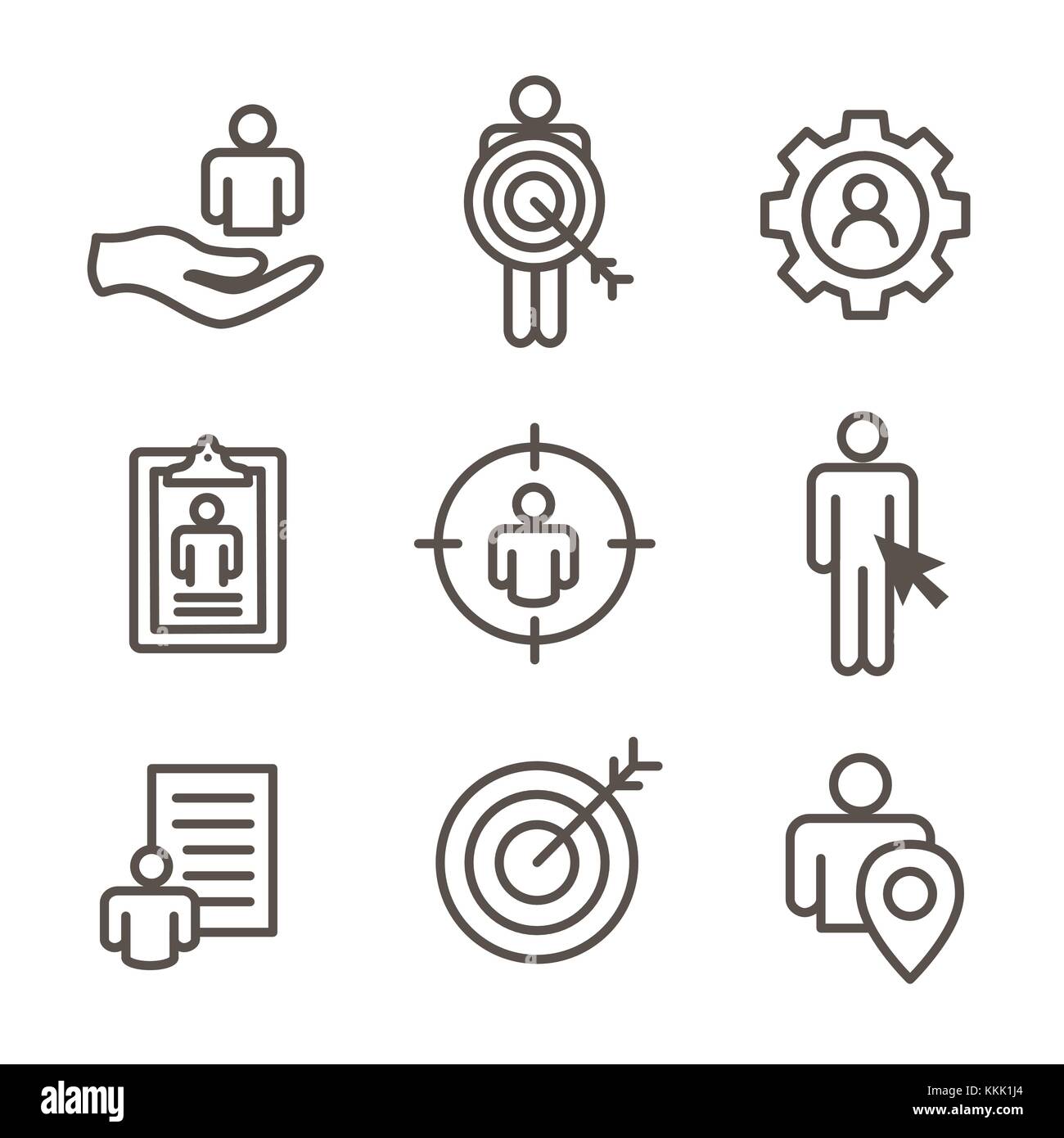Target market icons of buyer image and persona w gear, arrow, nurturing ...