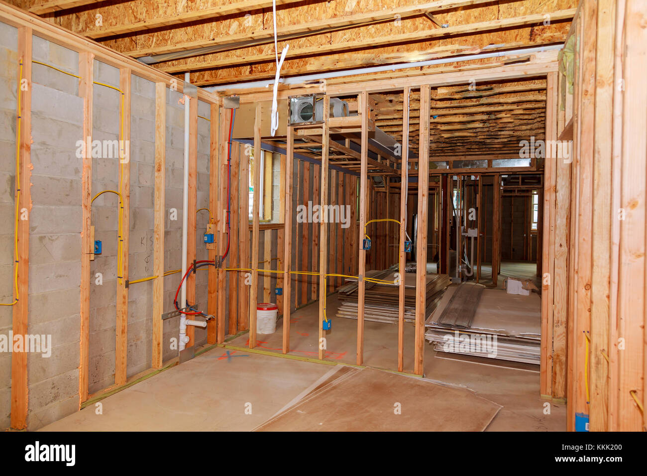 The frame building or a house with basic electrical wiring Stock Photo ...