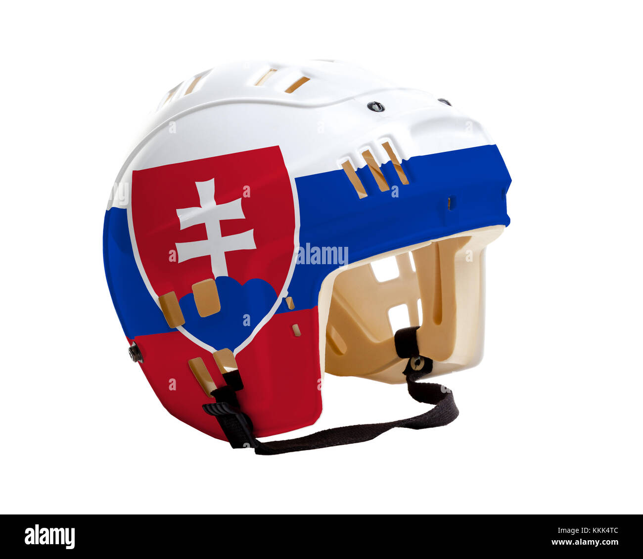 Ice hockey helmet with flag of Slovak Republic painted on it. Isolated ...
