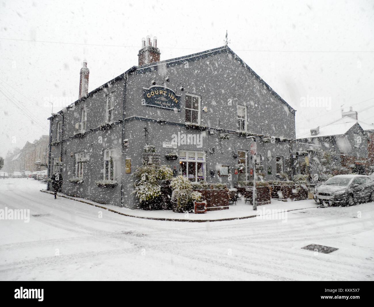 The Court Inn English pub/restaurant during the first snowfall on 30th ...