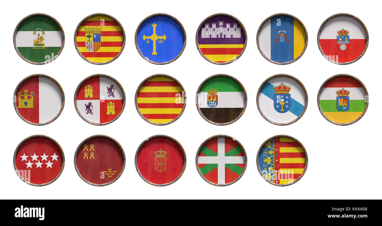 3d rendering of all autonomous community of Spain flags over a rusty ...