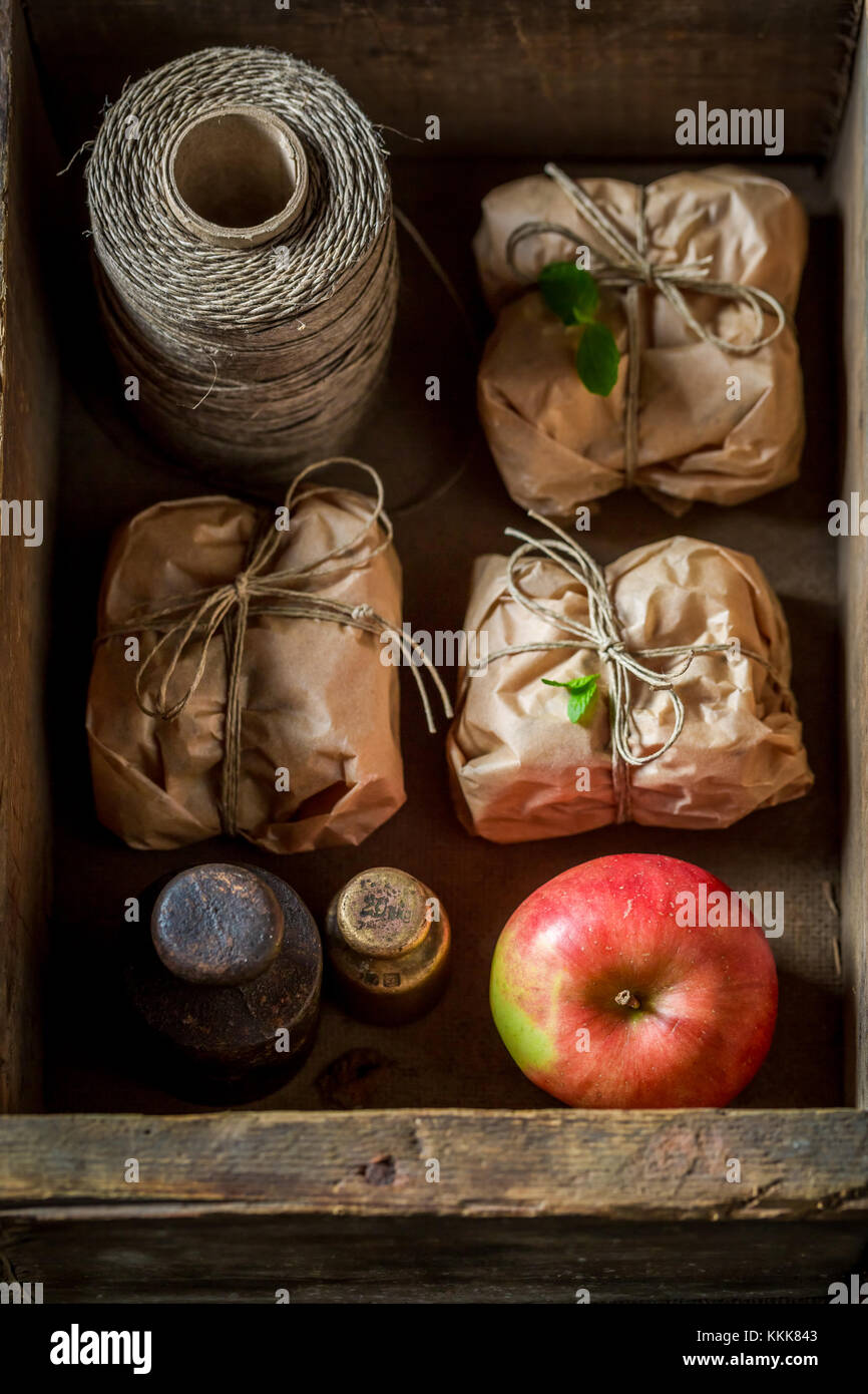 Tasty take away apple pie packed in a grey paper Stock Photo - Alamy