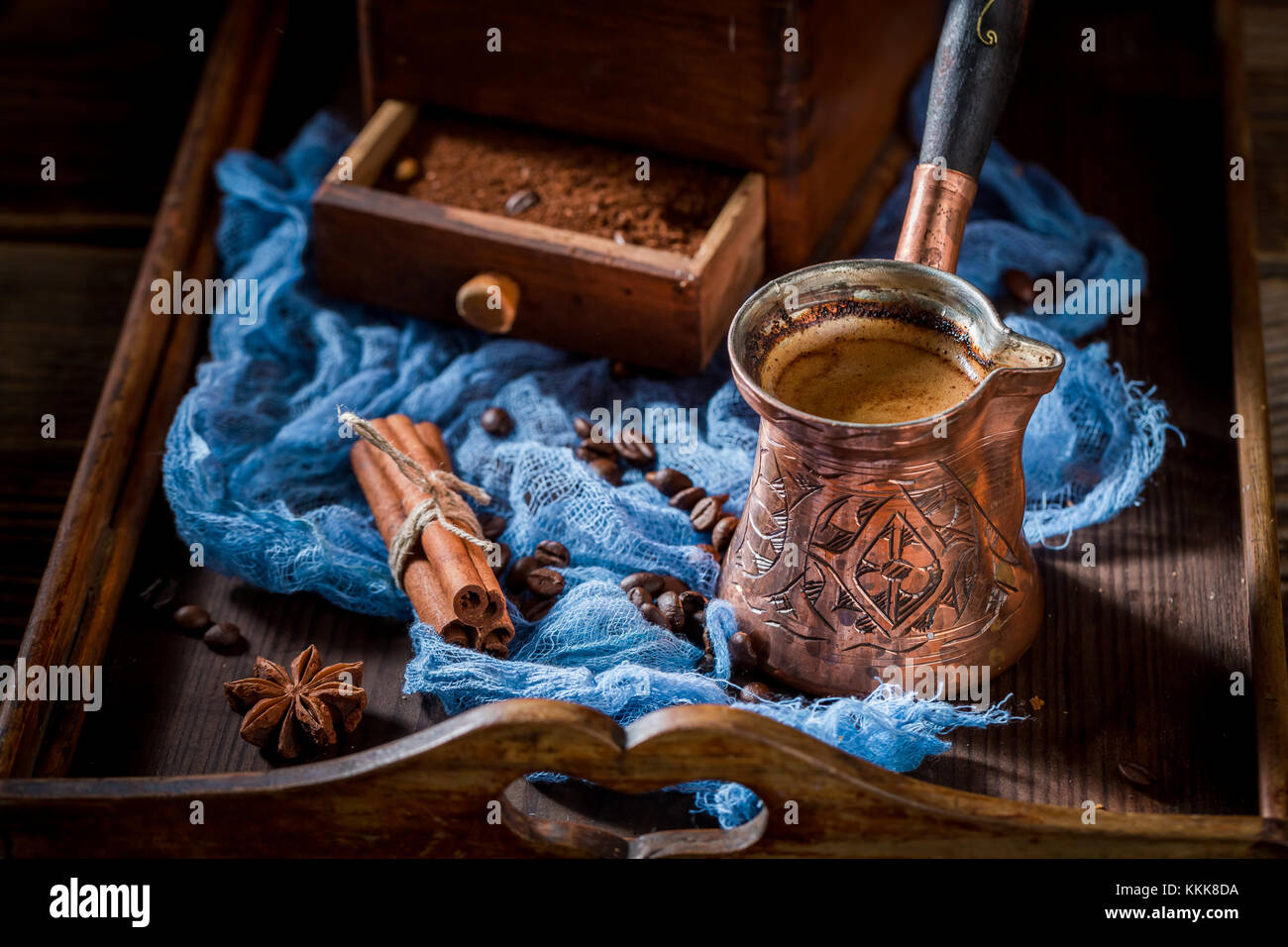 Hot coffee with pot boiled coffee and beans Stock Photo - Alamy