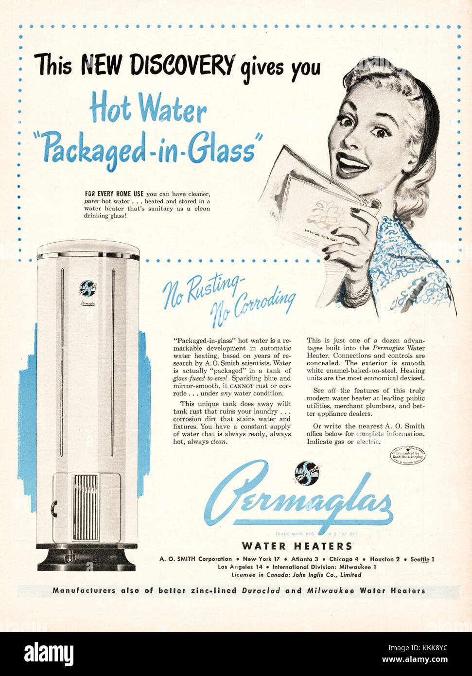 1948 U.S. Magazine Permaglas Water Heaters Advert Stock Photo ...