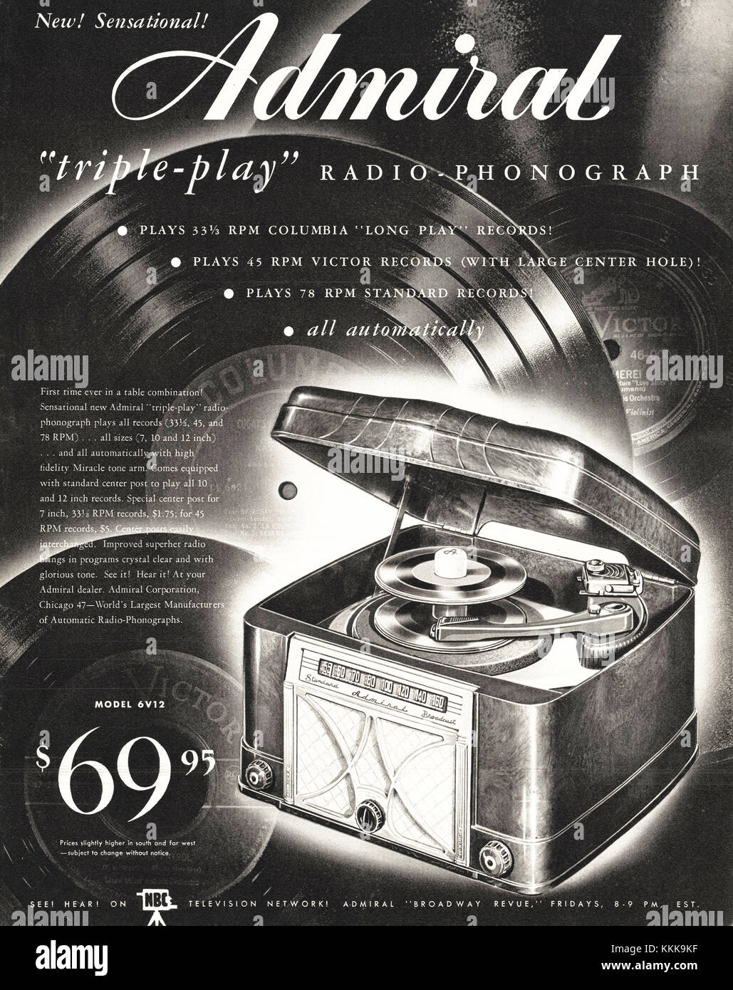 1949 U.S. Magazine Admiral Record Player Advert Stock Photo - Alamy