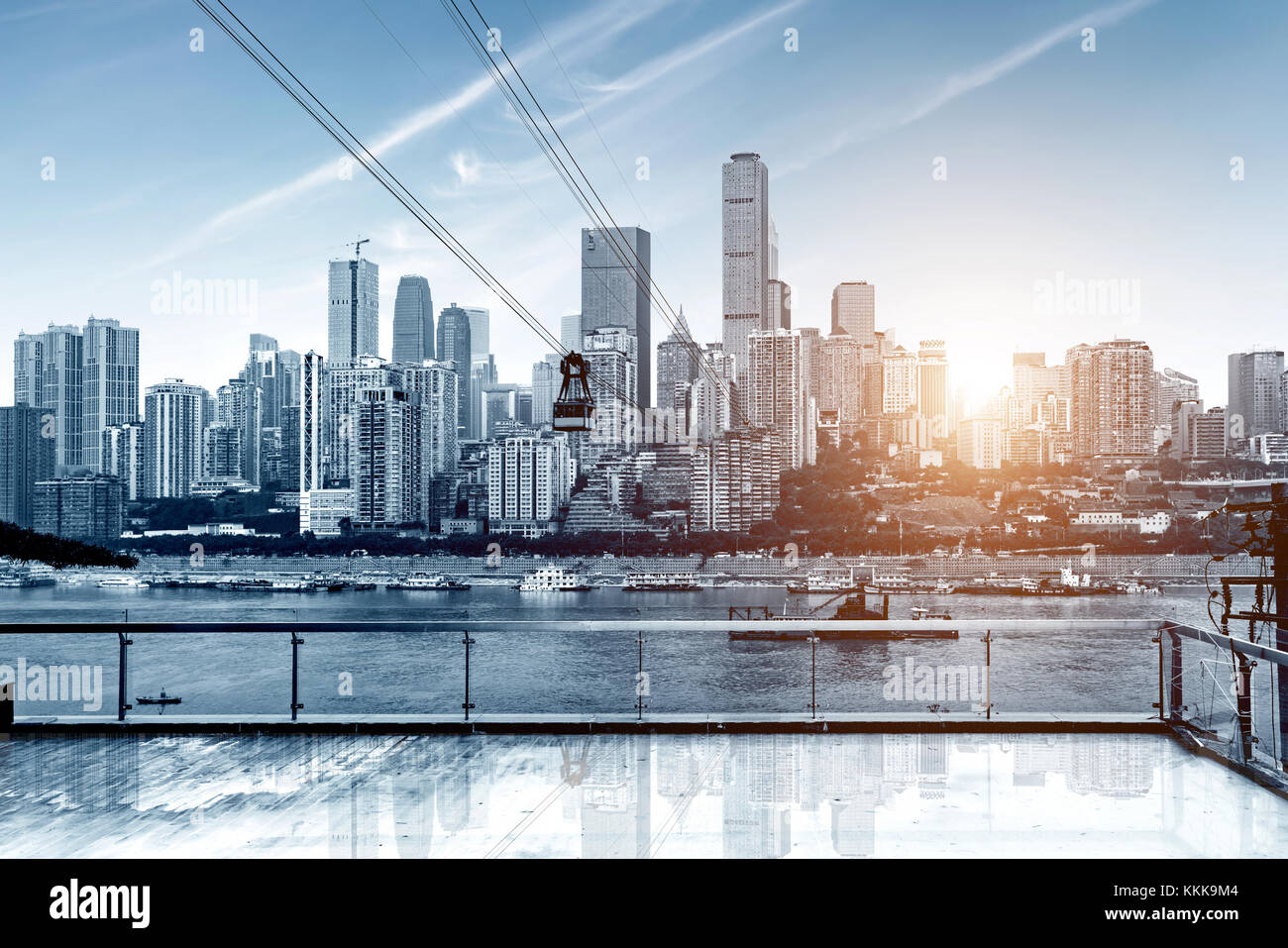 Chongqing city skyline, with wooden floors and guardrails Stock Photo ...