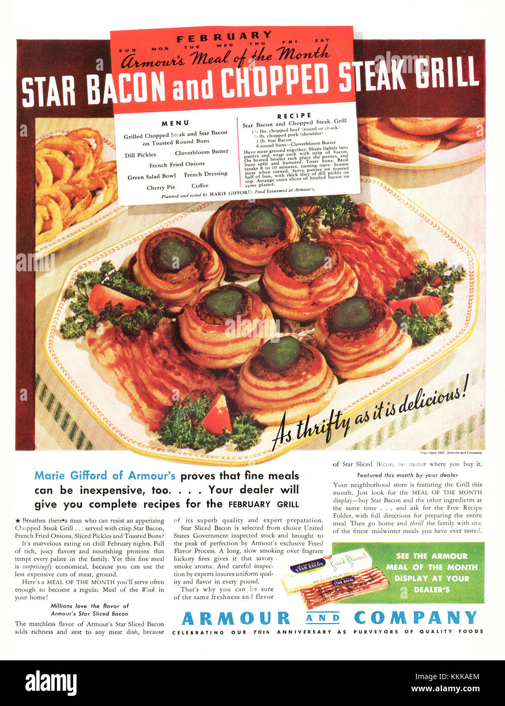 1937 U.S. Magazine Armour's Star Bacon and Chopped Steak Grill Advert ...