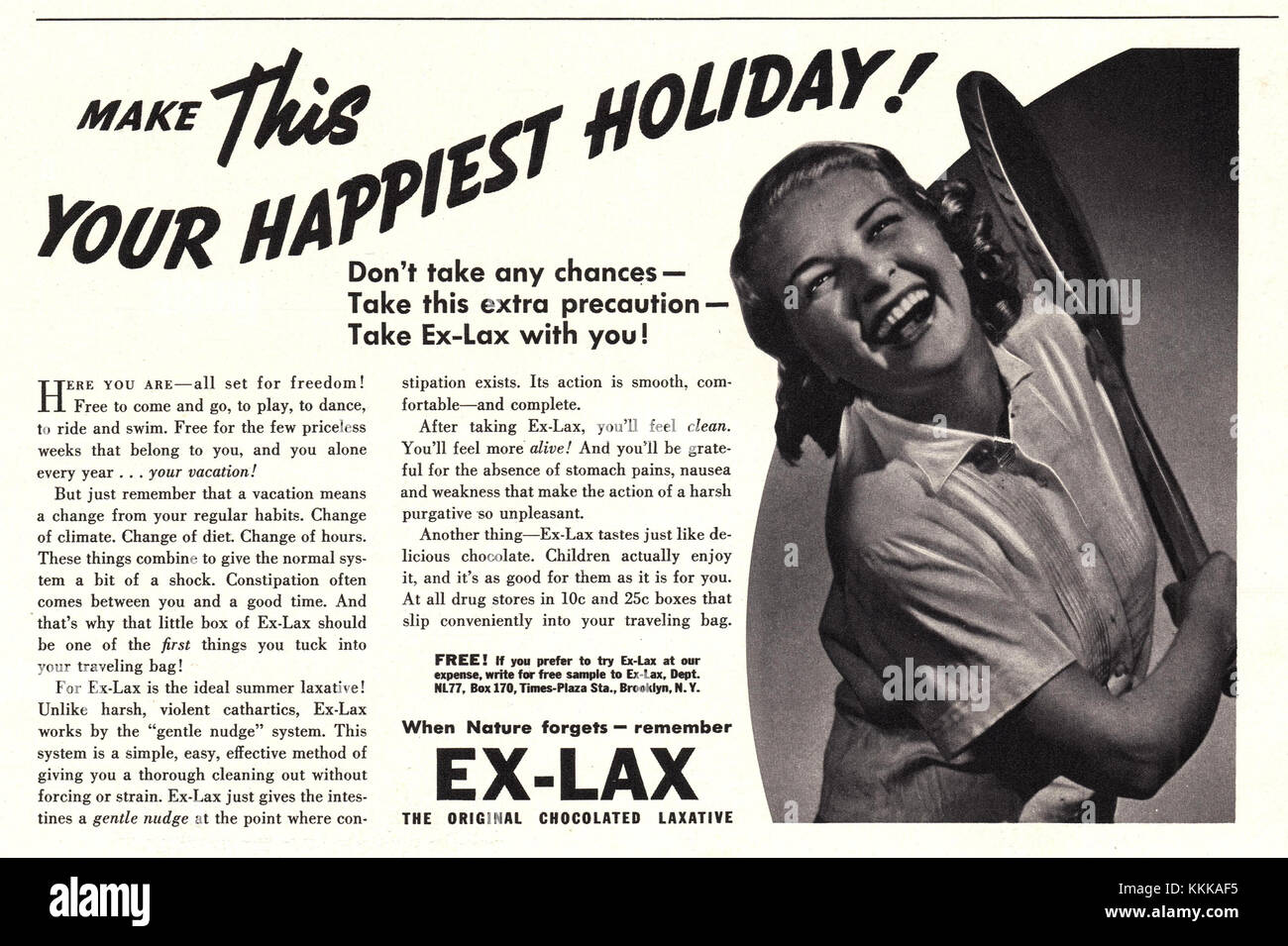 1937 U.S. Magazine Ex-lax Chocolate Laxative Advert Stock Photo - Alamy