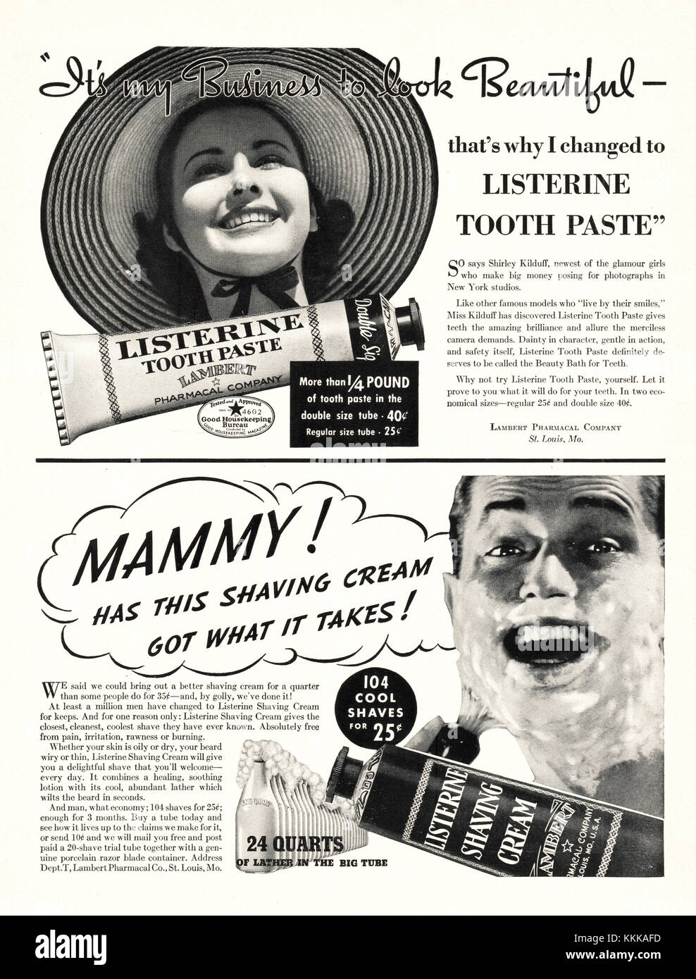 1937 U.S. Magazine Listerine Tooth Paste and Shaving Cream Advert Stock ...