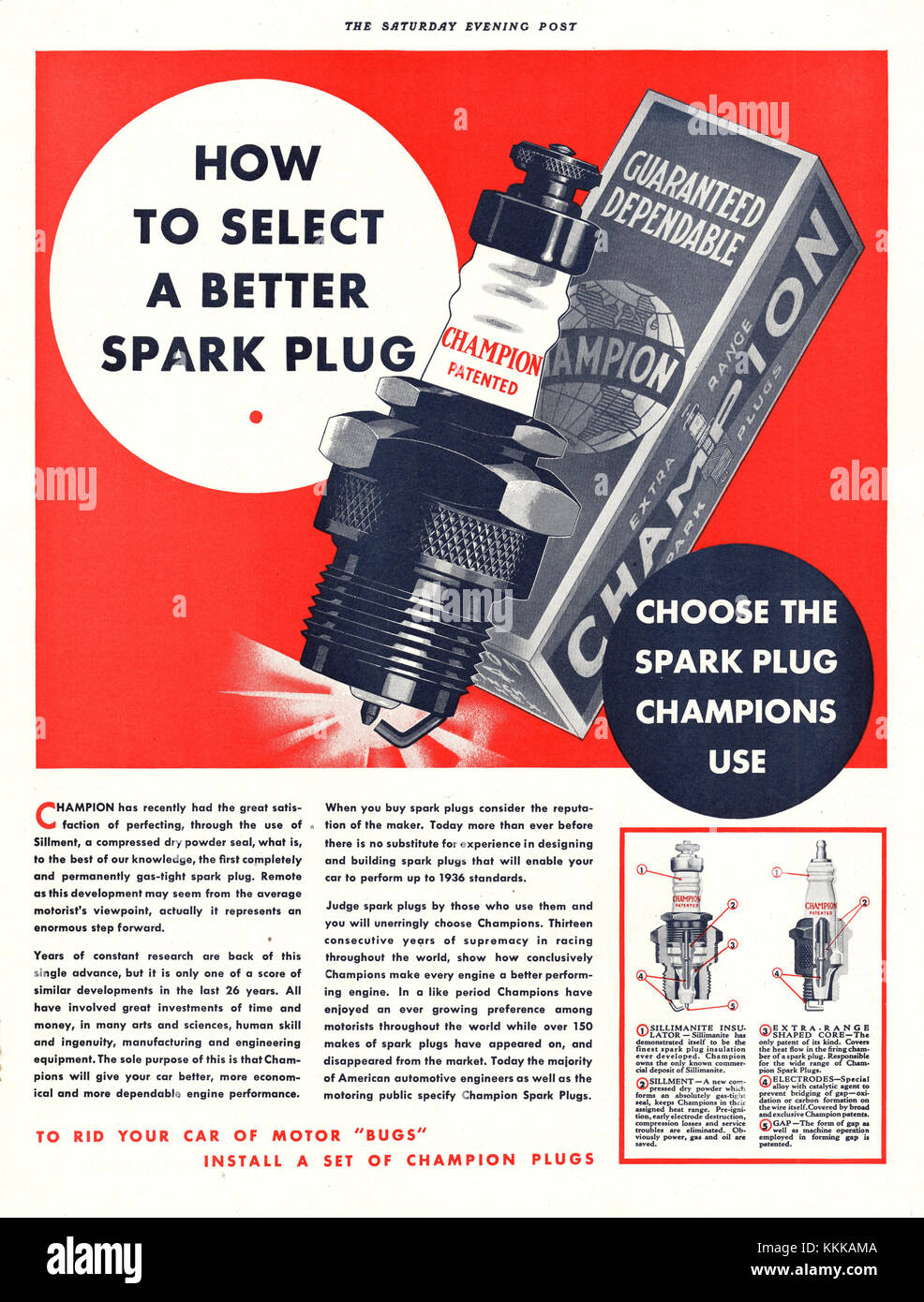 1936 U.S. Magazine Champion Spark Plugs Advert Stock Photo - Alamy