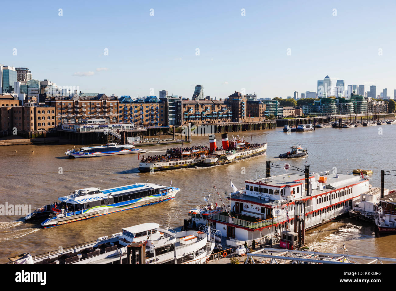 England, London, Boats on The River Thames and Docklands Skyline Stock ...