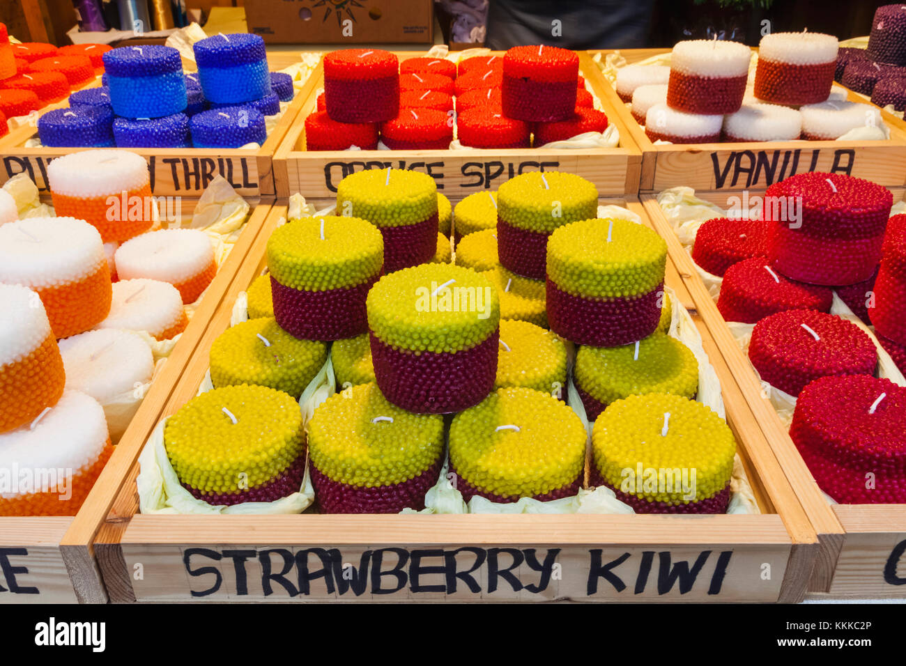 England, London, Shoreditch, Spitafields Market, Scented Candle Display ...