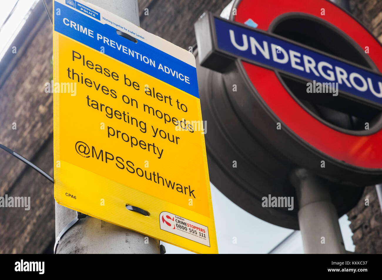 England, London, Southwark, Crime Prevention Advice Sign Stock Photo ...