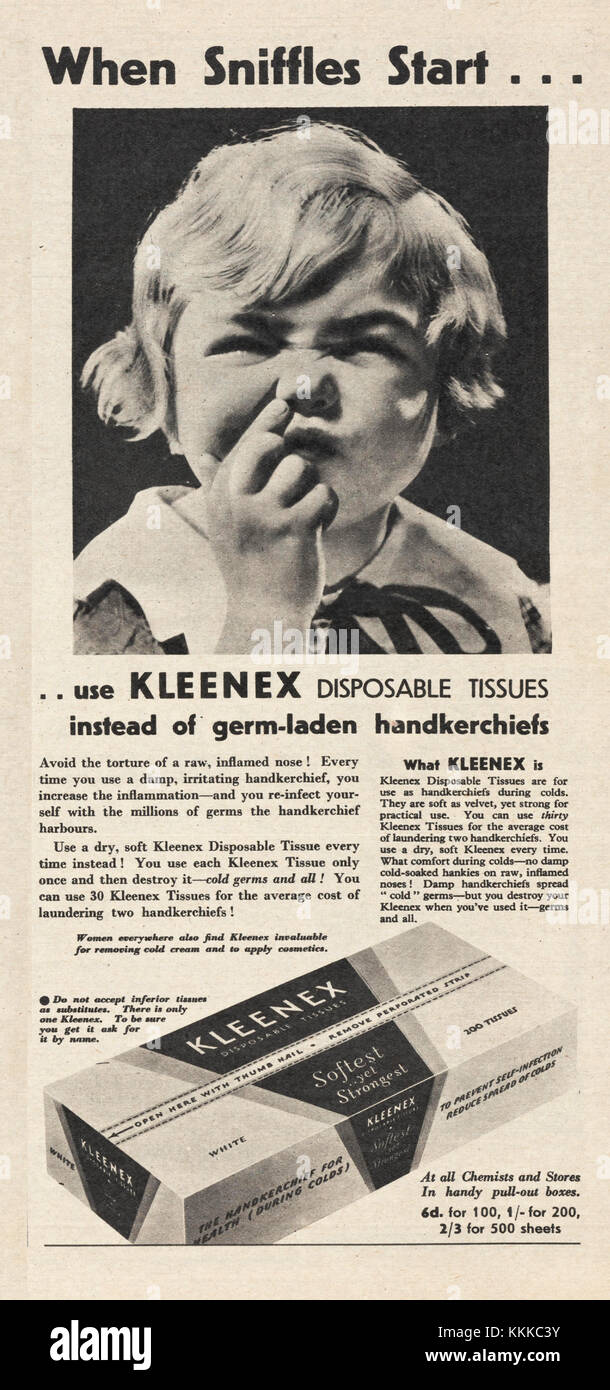 1937 UK Magazine Kleenex Tissues Advert Stock Photo - Alamy