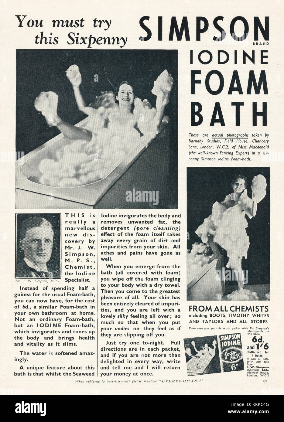 1937 UK Magazine Simpson Iodine Foam Bath Advert Stock Photo - Alamy