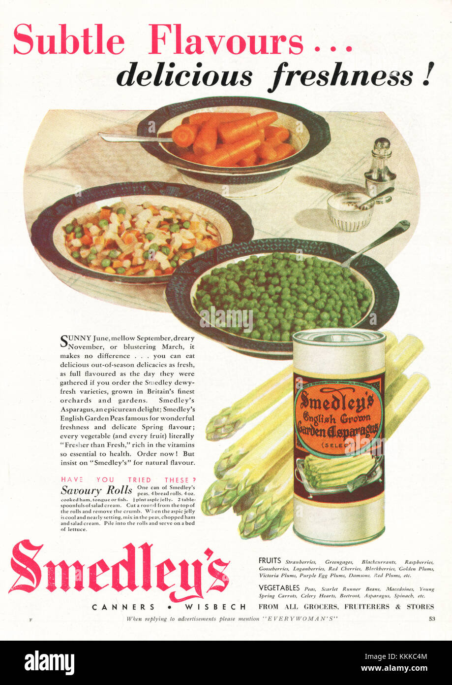 1937 UK Magazine Smedley's Canned Vegetables Ad Stock Photo - Alamy