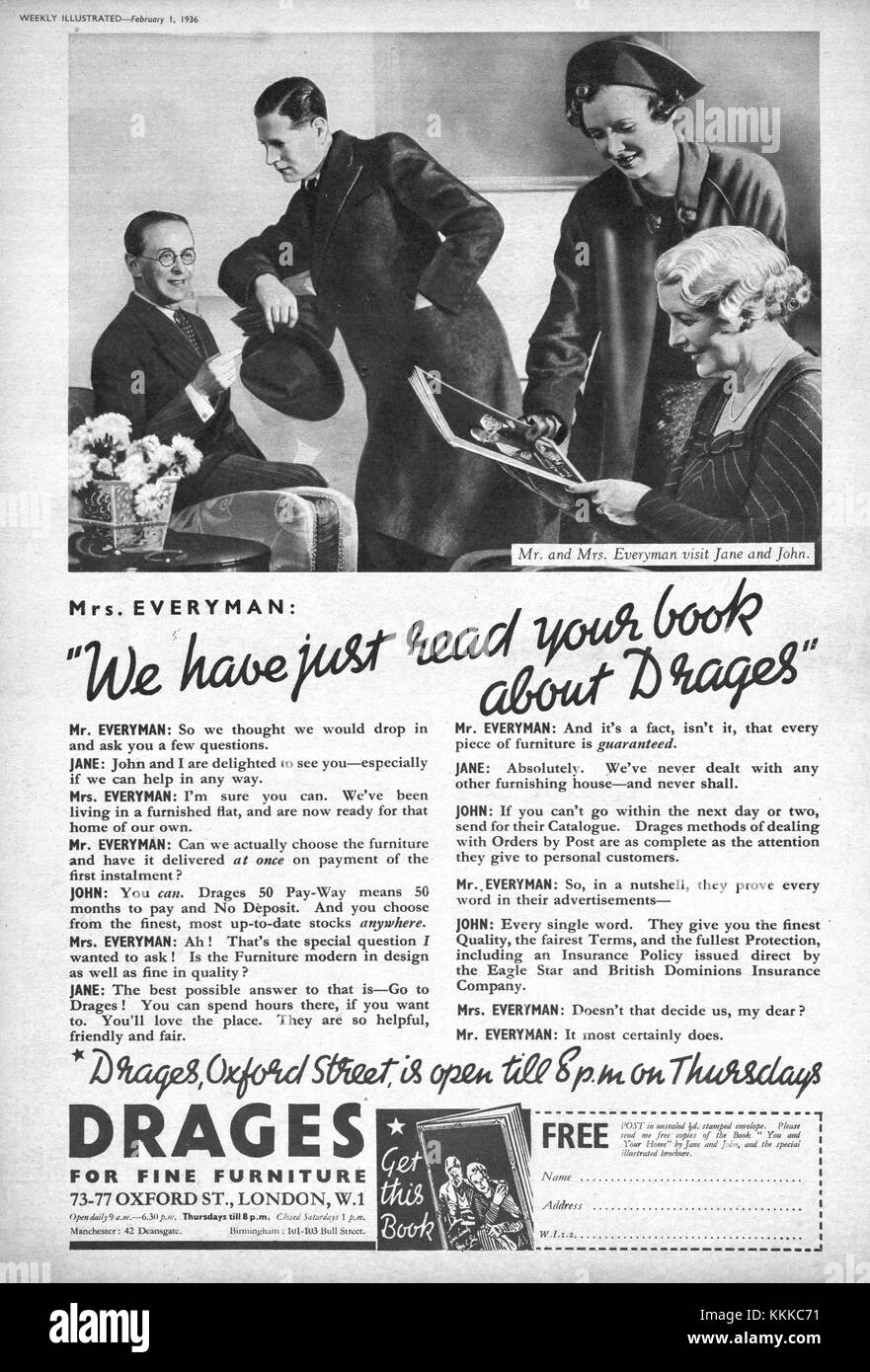 1936 UK Magazine Drages Furniture Advert Stock Photo - Alamy