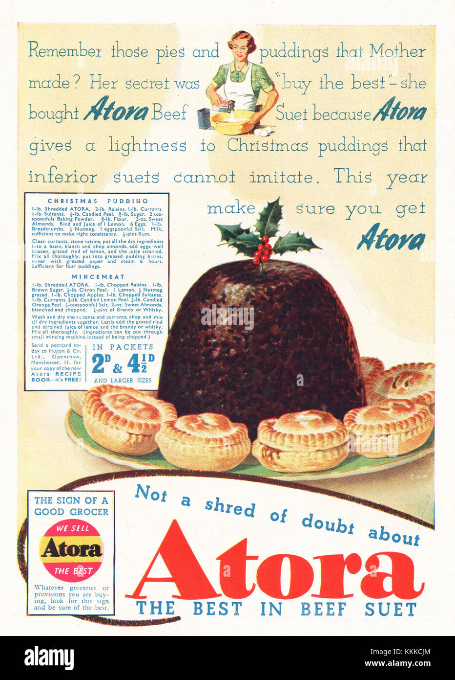 1938 UK Magazine Atora Christmas Pudding & Mince Pies Advert Stock ...