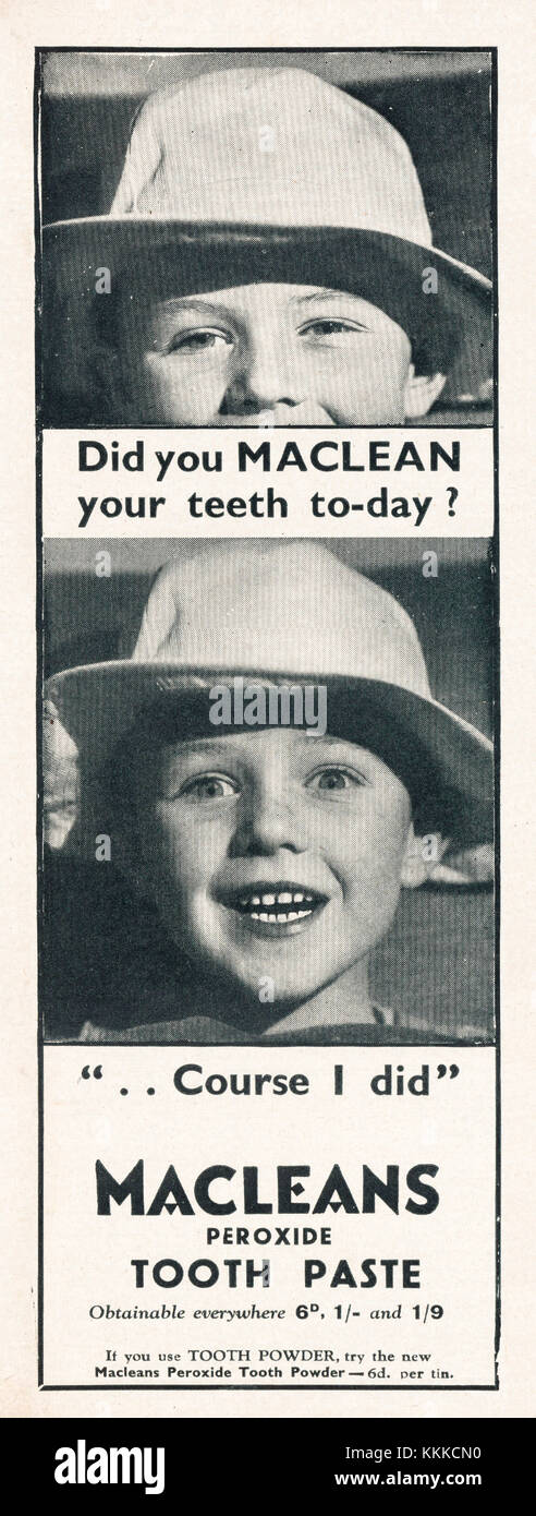 1938 UK Magazine Macleans Toothpaste Advert Stock Photo - Alamy