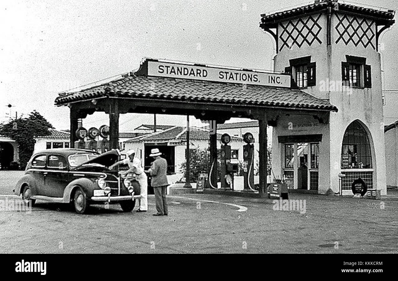 A 1939 photograph of a Standard Stations filling station in California ...