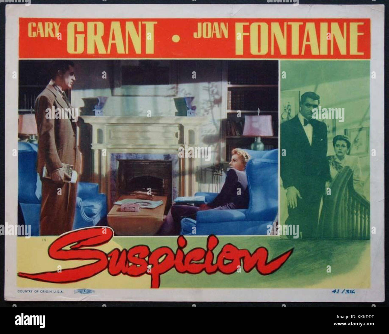 A promotional lobby card for the film 'Suspicion' (1941), directed by ...