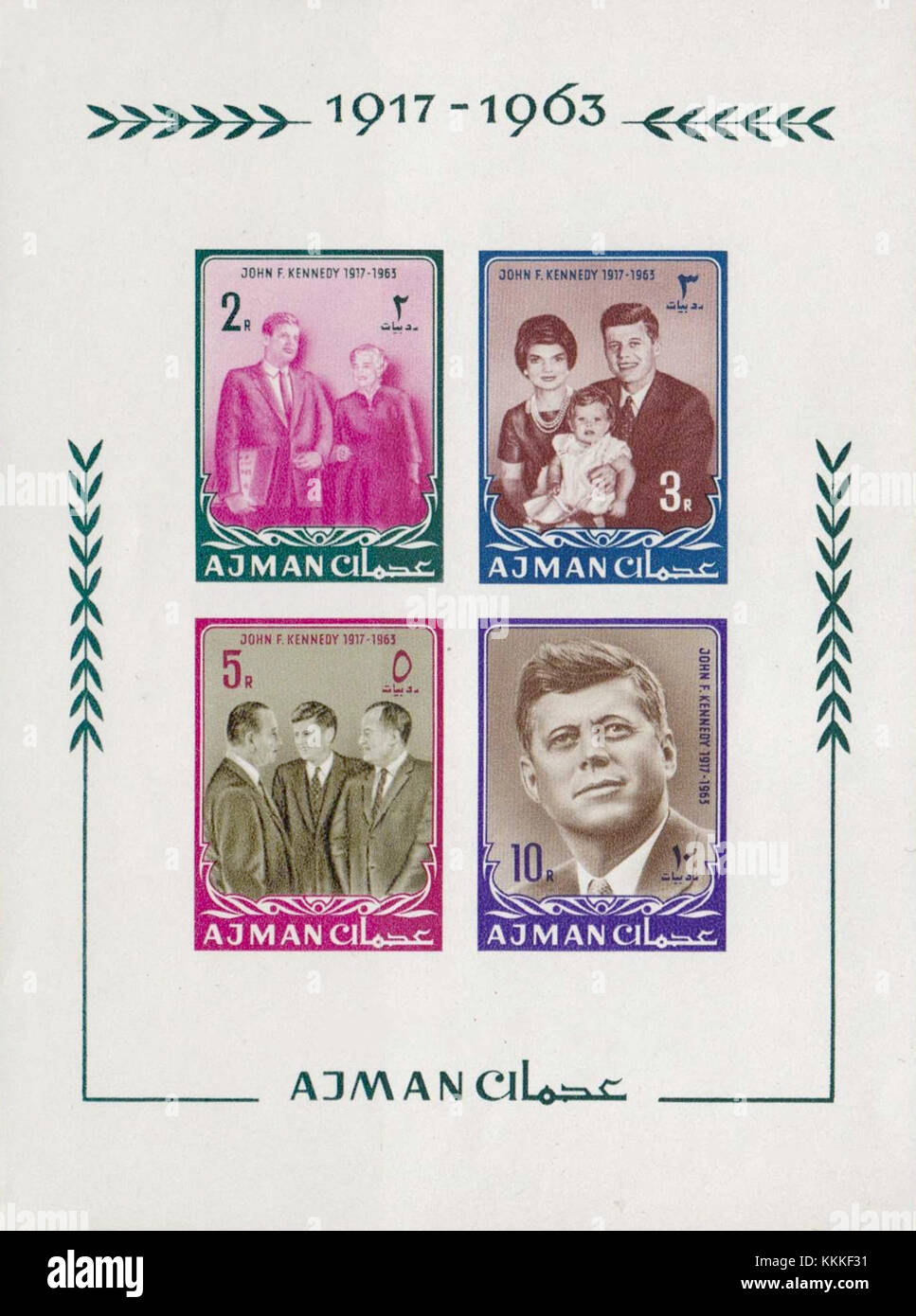 The 1964 stampsheet of Ajman features a series of stamps commemorating ...