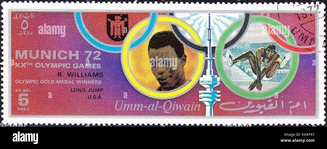 A 1972 stamp from Umm al-Quwain featuring Randy Williams, marking a ...