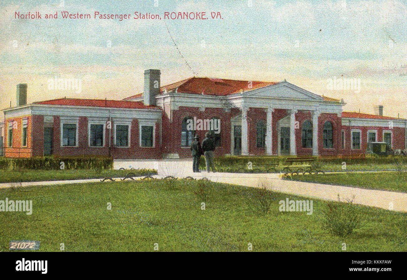 A postcard from 1909 depicting Roanoke Station, a historical train ...
