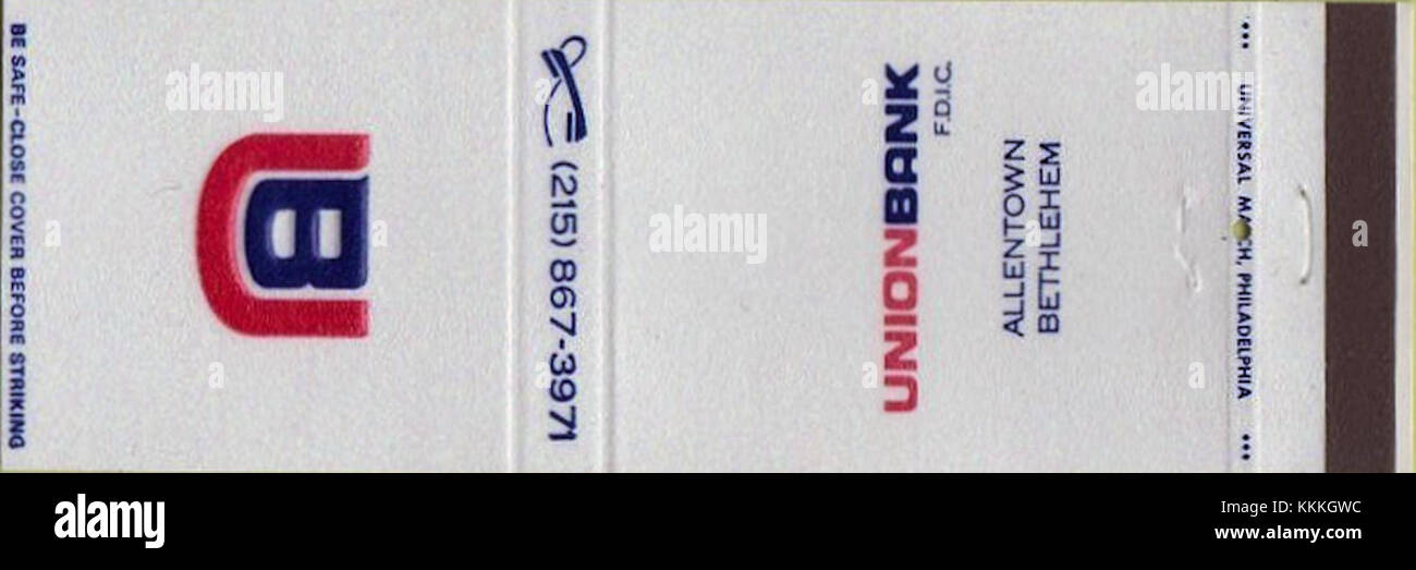 The 1970 Union Bank matchcover from Allentown, Pennsylvania, represents ...
