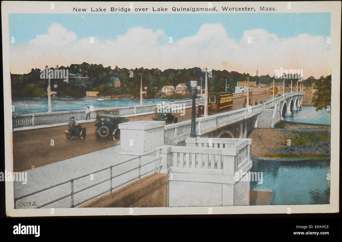 A white border postcard depicting the Lake Quinsigamond bridge, an ...