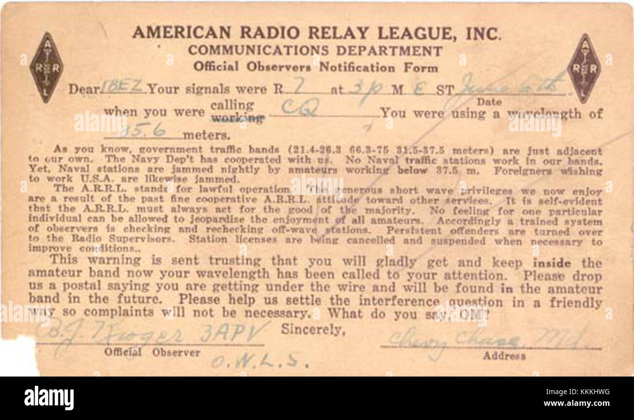 This card represents an ARRL (American Radio Relay League) Official ...